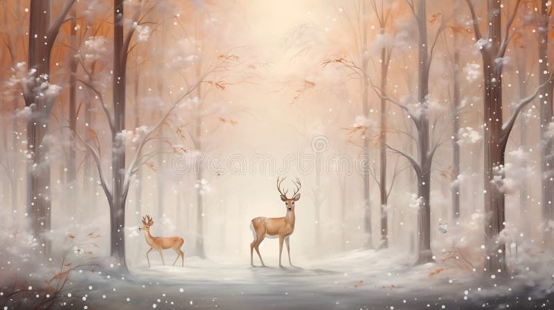 Forest Painting of Snow Falling on Trees with Deer in a Landscape Stock ...