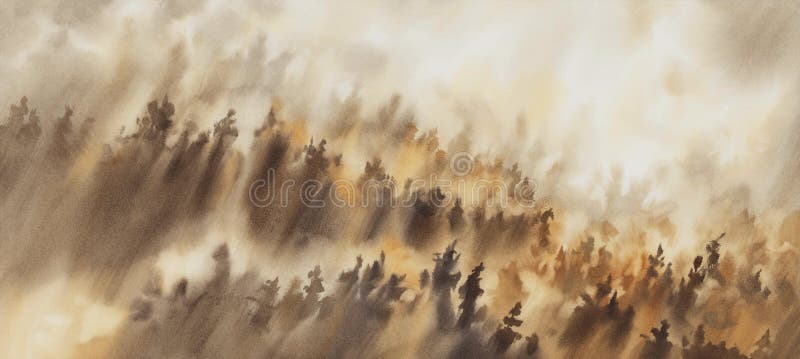 Forest Panorama in the Mist Watercolor Landscape Stock Image - Image of ...