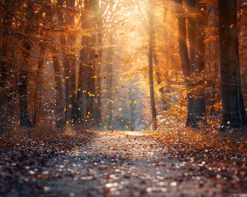Forest Path in Autumn, Low Sun through Trees, Leaves Scattering , Clean ...