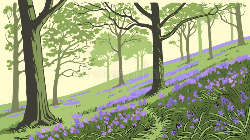 Forest Path with Blooming Purple Flowers, Nature Trail Vector Design ...