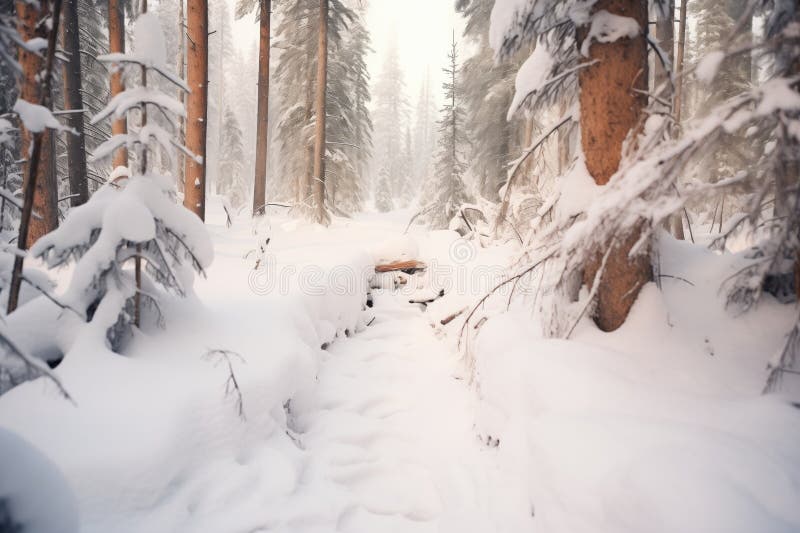 A Forest Path Carved through Deep, Untouched Snow Stock Photo - Image ...