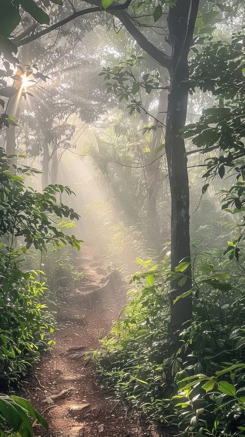 A Forest Path Comes Alive with Ethereal Morning Light Piercing through ...