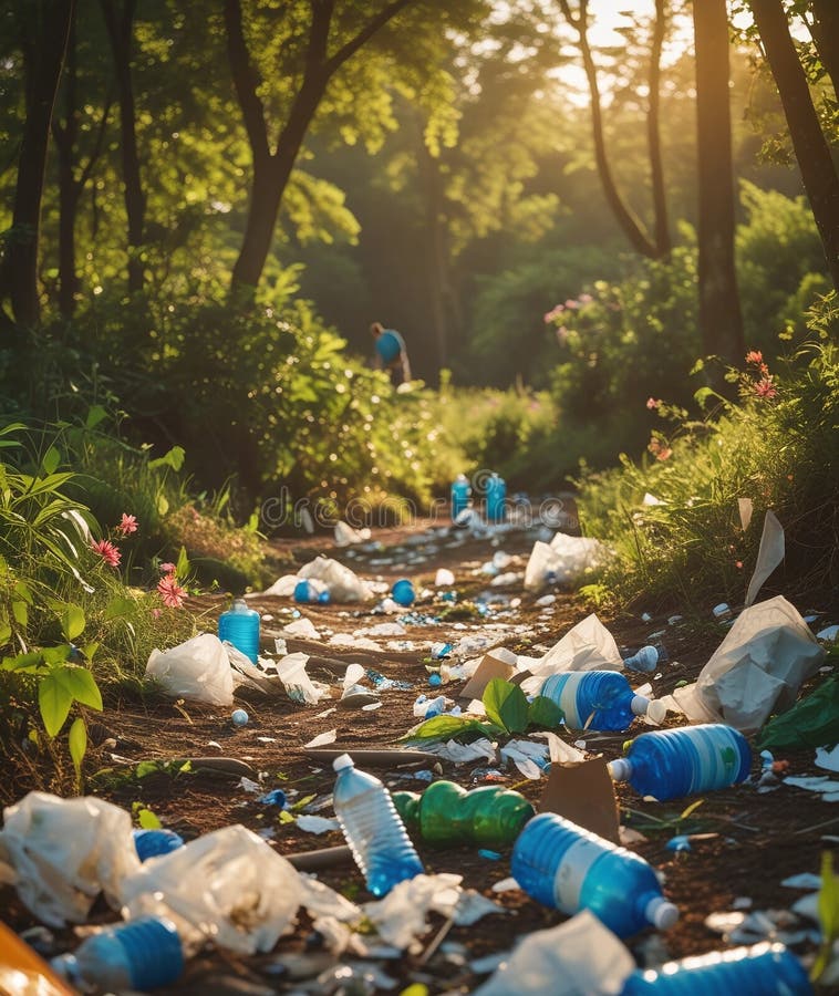 A Forest Path Covered in Litter, Including Plastic Bottles, Paper, and ...
