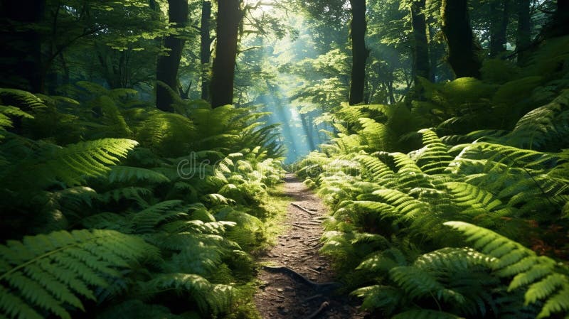 Forest Path with Ferns in the Foreground Stock Illustration ...