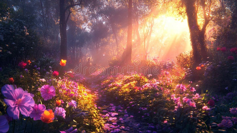 A Forest with a Path through it and Flowers on the Side Stock ...