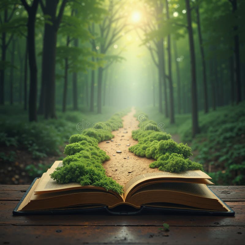 Forest Path Grows from an Enchanted Book. Stock Image - Image of ...