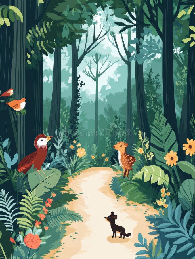 Forest Path Illustration Featuring Soft Animals Walking Together ...