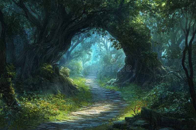 A Forest Path with a Large Tree Archway in the Middle Stock ...