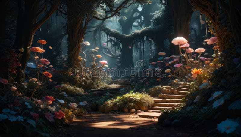 A Forest with a Path Leading through it Stock Image - Image of misty ...