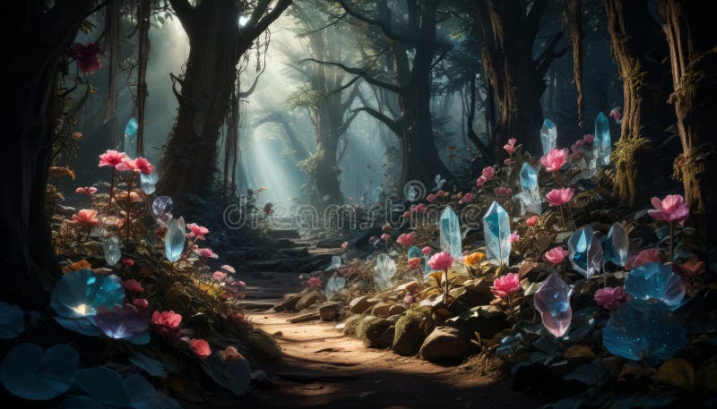 A Forest with a Path Leading through it Stock Image - Image of misty ...