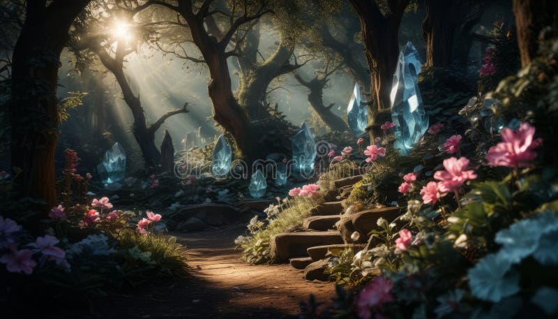 A Forest with a Path Leading through it Stock Image - Image of misty ...