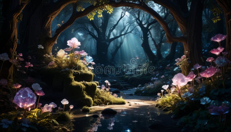 A Forest with a Path Leading through it Stock Image - Image of misty ...