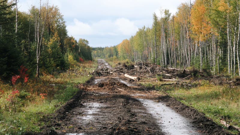Forest Path Leading To Clearing, Showcasing Fallen Trees and Muddy ...