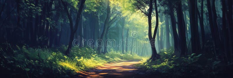 Forest Path Leads into Sunlight through Tall Trees and Dense Foliage ...