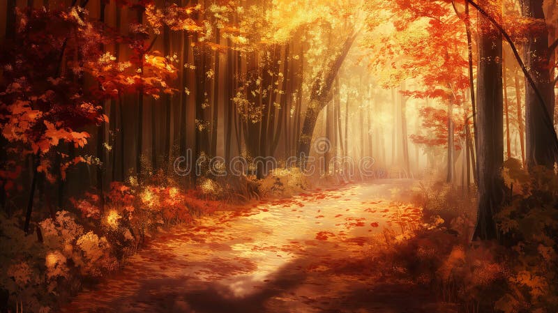 A Forest with a Path through it and Leaves on the Ground. Anime ...