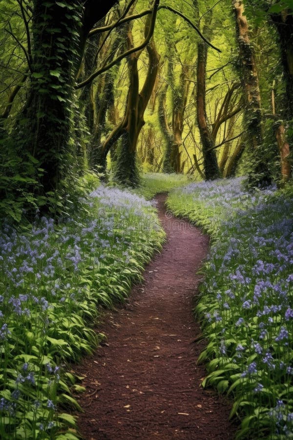 Forest Path Lined with Bluebell Flowers Stock Illustration ...