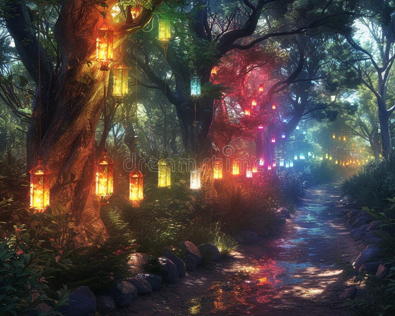A Forest Path Lined with Rainbow-colored Lanterns and People ...