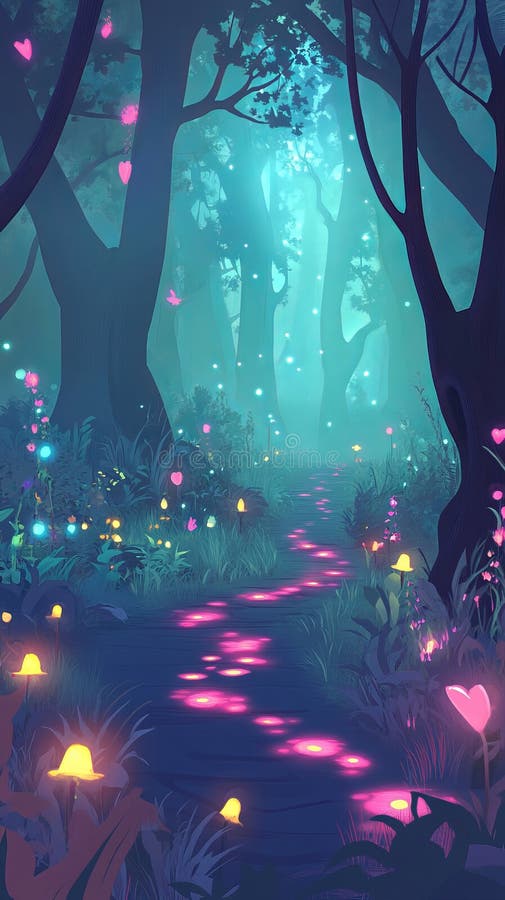 A Forest with a Path that is Lit Up with Pink Lights Stock Illustration ...