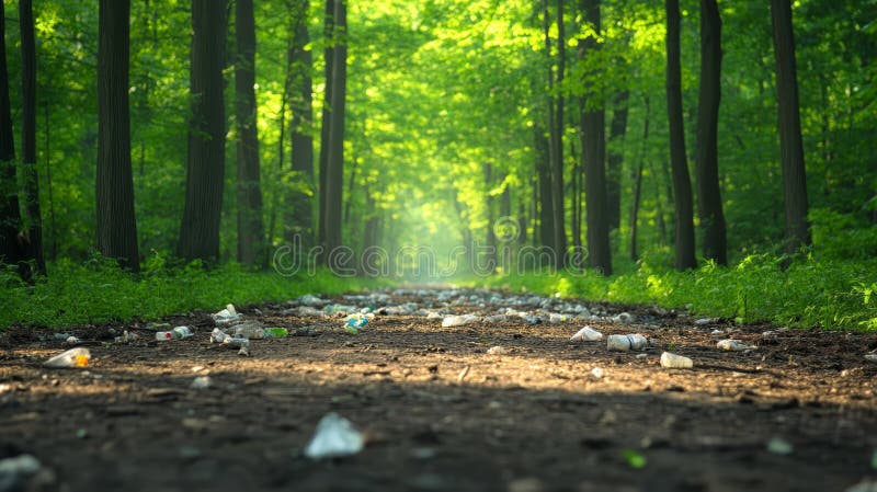 Forest Path Littered with Plastic Waste in Sunlight Stock Illustration ...