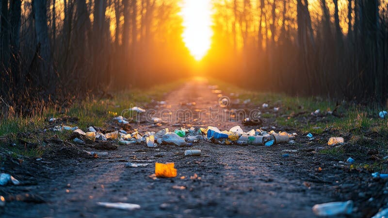 Forest Path Littered with Trash at Sunset Stock Illustration ...
