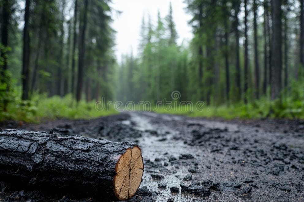 Forest Path Log after Rain a Charred Log Rests on a Muddy Forest Path ...