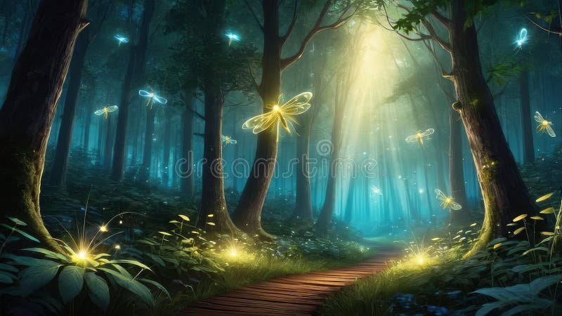 A Forest with a Path and Many Glowing Insects Stock Image - Image of ...