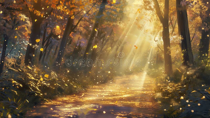 A Forest with a Path in the Middle and Leaves Falling from the Trees ...