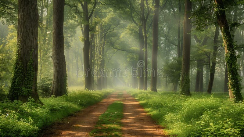 Forest path in the mist stock illustration. Illustration of misty ...