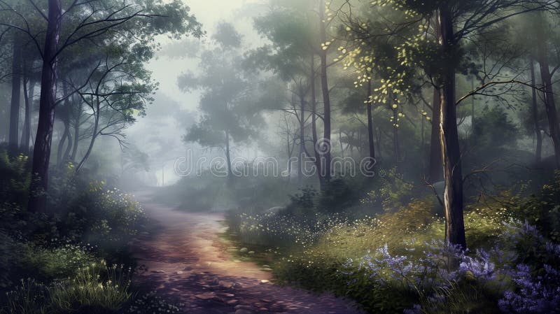 Forest path in the mist stock illustration. Illustration of light ...