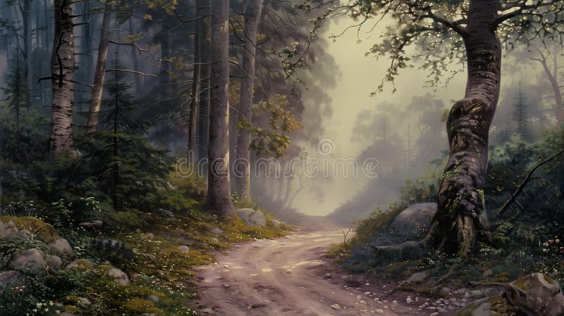 Forest path in the mist stock illustration. Illustration of trail ...