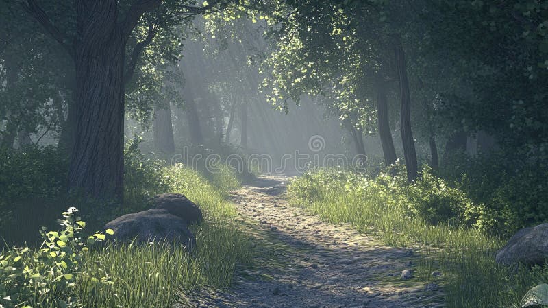 Forest Path in Mist, Realistic, Cinematic Light, Sharp Focus. Stock ...