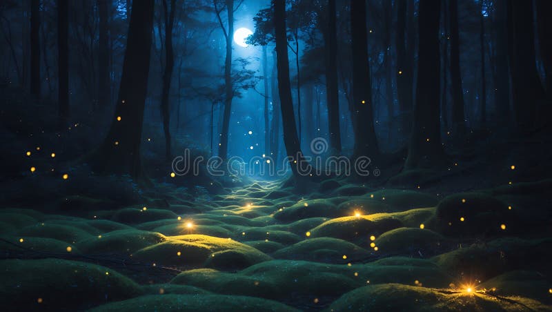 Enchanted Moonlight Path in a Mossy Forest Stock Illustration ...