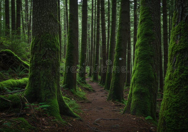 Forest Path with Mossy Trees and Deep Shadows Stock Illustration ...