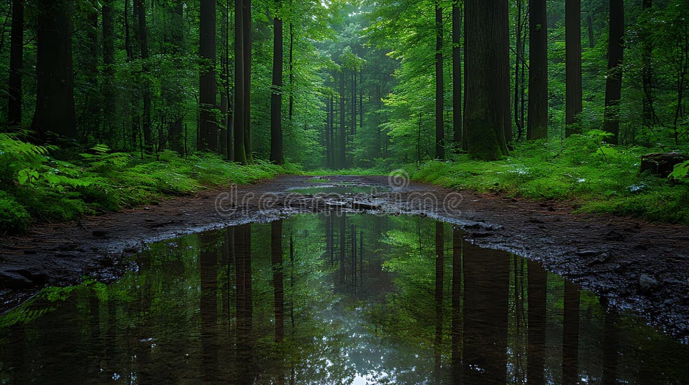 Forest Path Puddle Reflection, Misty Woods, Nature Stock Illustration ...