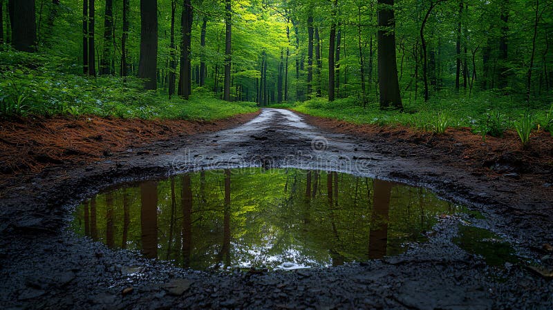 Forest Path Puddle Reflection, Nature Walk, Sunlight Stock Illustration ...