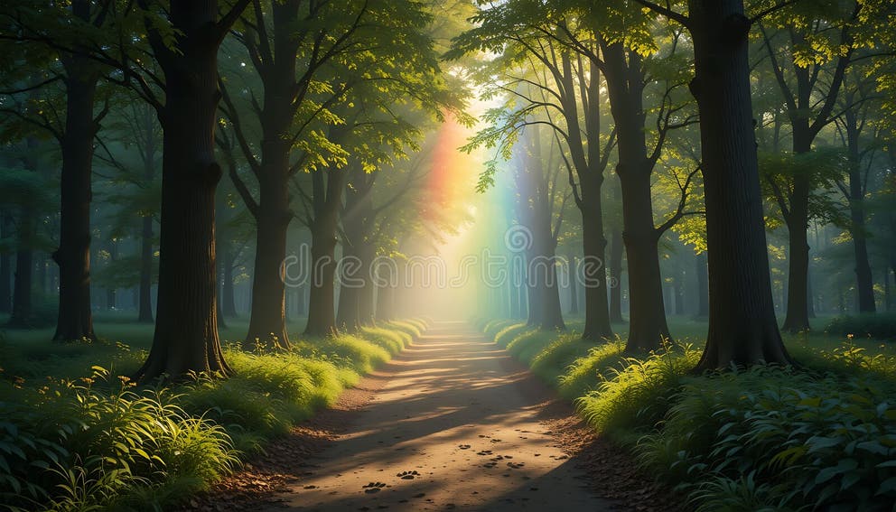A Path through a Forest with Tall Trees and a Rainbow of Light Shining ...