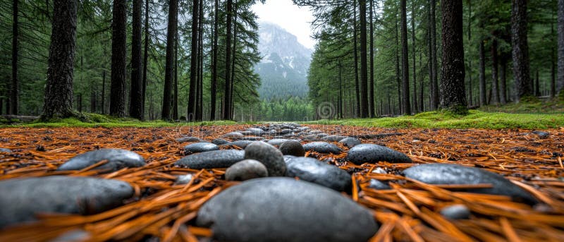 A Forest Path with Rocks and Pine Needles. Stock Photo - Image of ...