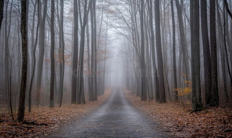 A Forest Path is Shown in the Rain with Trees on Either Side Stock ...