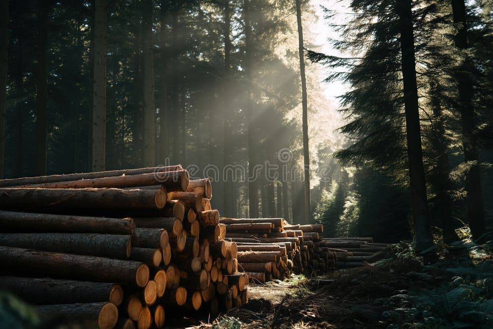 Forest Path with Stacked Logs with Rays Stock Illustration ...