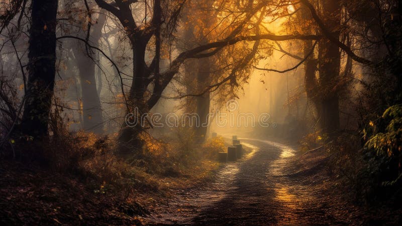 Forest Path with Strange Fog Stock Illustration - Illustration of beam ...