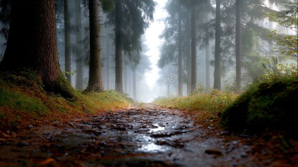 A Forest Path with a Stream Running through it Stock Illustration ...