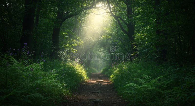 Forest Path with Sunlight Shining through Trees Creating a Bright ...