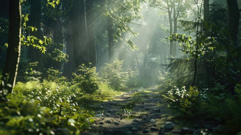 A Forest Path with Sunlight Shining through the Trees Stock Image ...