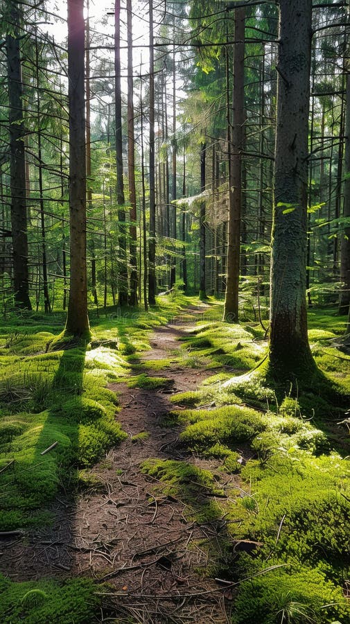 Forest Path through Sunlit Trees, Serene Nature Scene. Wilderness ...