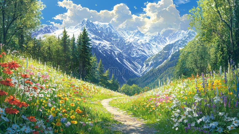 Mountain Path Wildflower Meadow Under Sunny Sky Stock Photos - Free ...