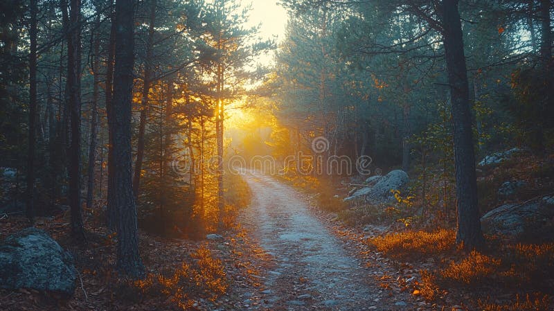 Forest path sunrise stock photo. Image of branches, mist - 373864564