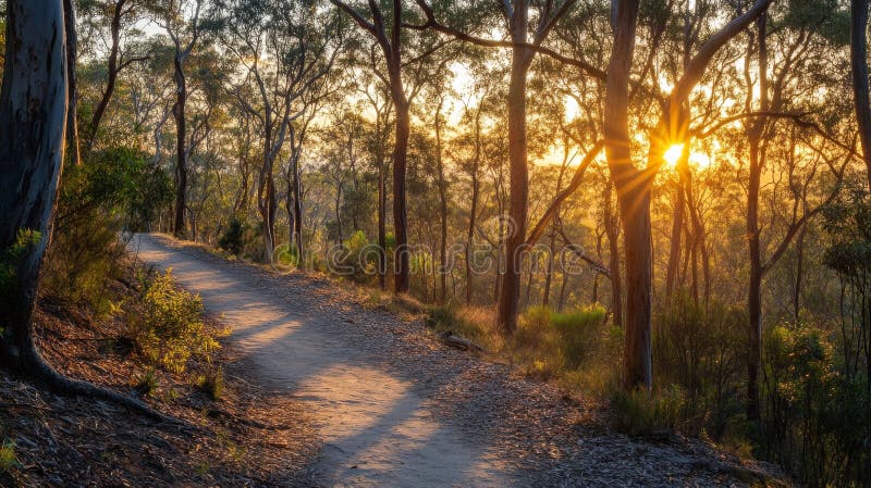Forest Path at Sunrise with Sunlight Filtering through Trees, Tranquil ...