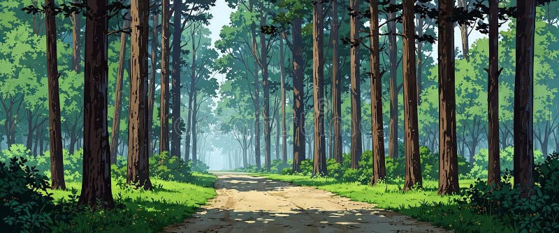 A Forest Path with Tall Trees on Both Sides, in the Anime Style. Anime ...