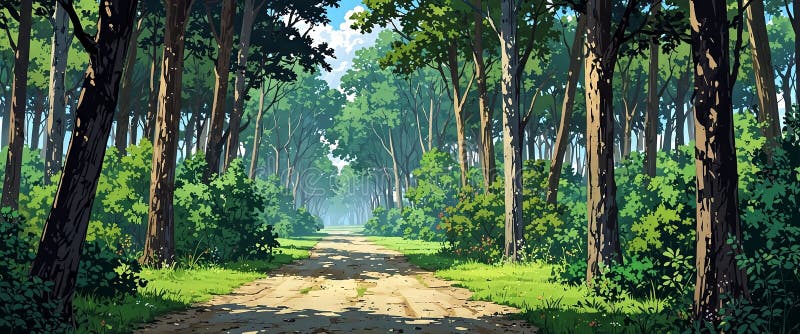 A Forest Path with Tall Trees on Both Sides, in the Anime Style. Anime ...