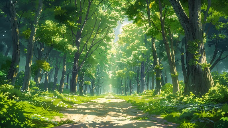 A Forest Path with Tall Trees on Both Sides. Stock Illustration ...